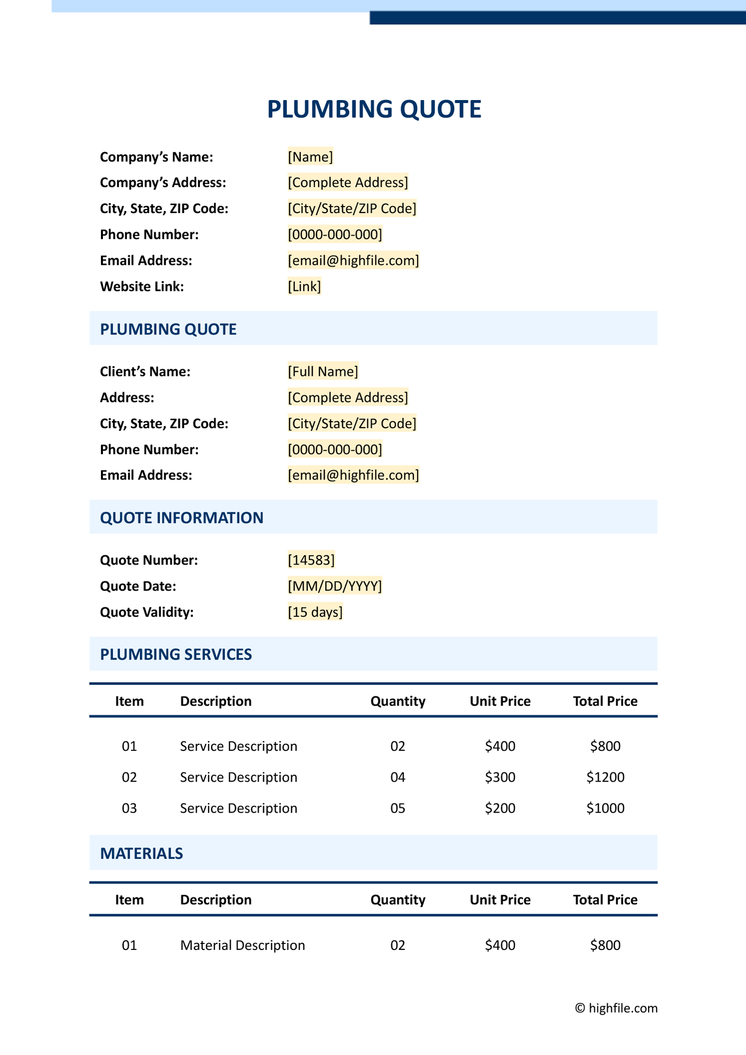 Plumbing Quote Template - Word | Google Docs | Excel | Google Sheets ...
