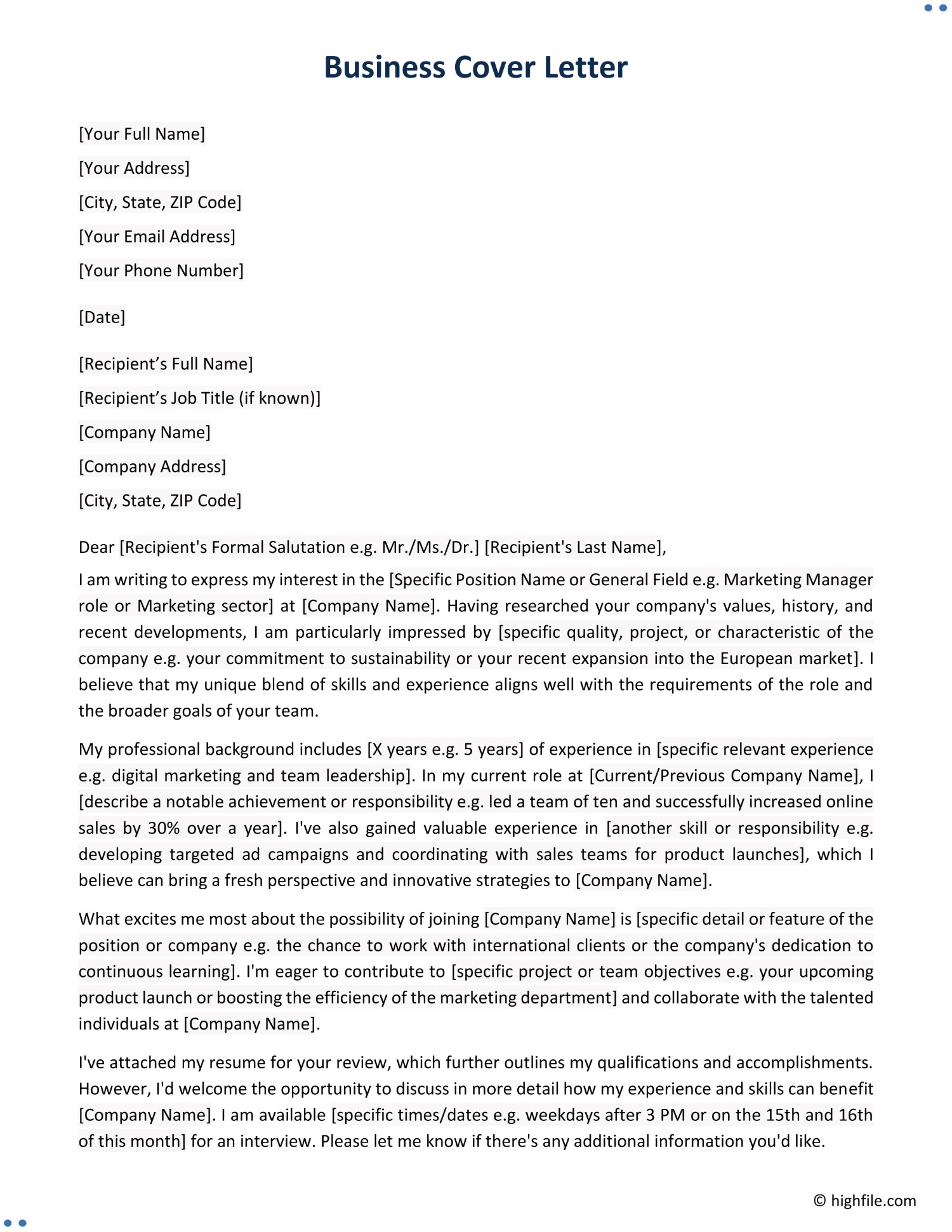 Business Cover Letter - Word | Google Docs - Highfile