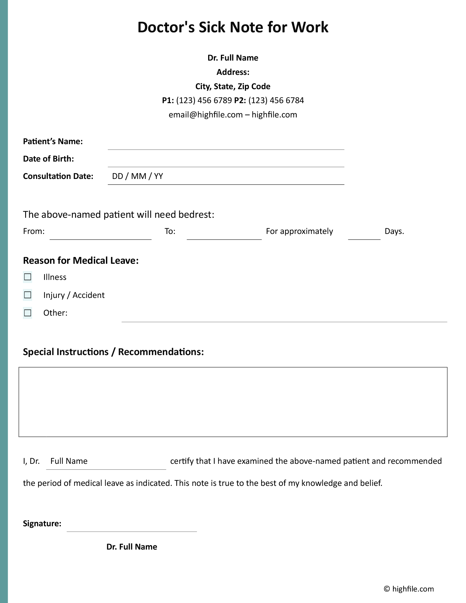 Doctor's Sick Note for Work - Word | Google Docs - Highfile Doctor's Sick Note for Work - Word | Google Docs - Highfile