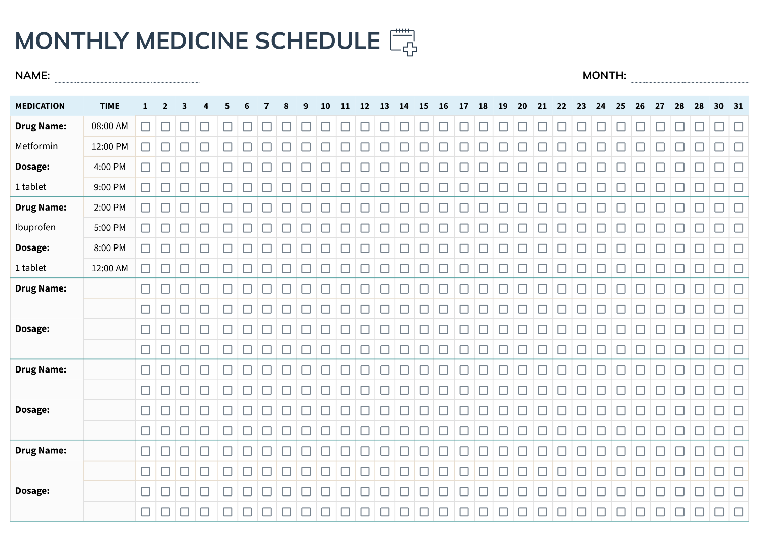 Monthly Medicine Schedule Template - Google Docs | Word - Highfile